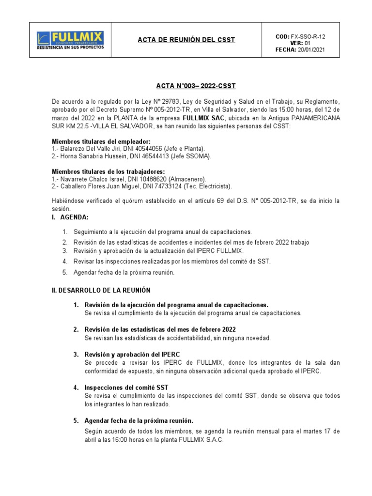 Acta de Reunion Del CSST Fullmix - Marzo | PDF | Gobierno