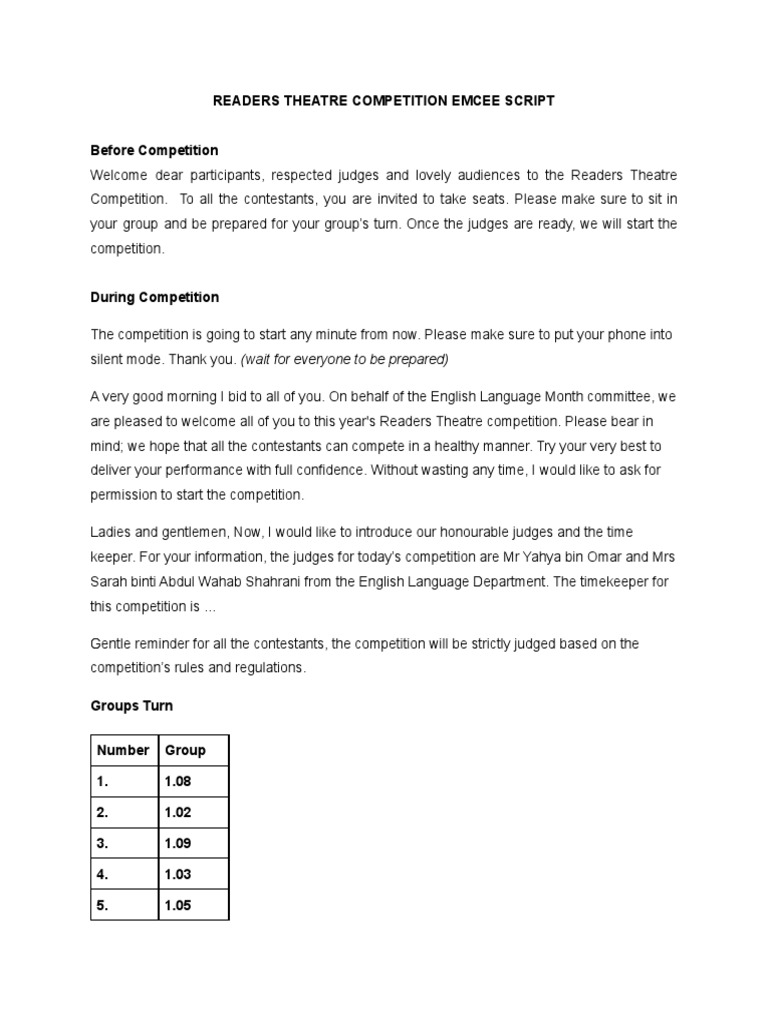 Emcee Script Readers Theatre Competition | PDF | Art