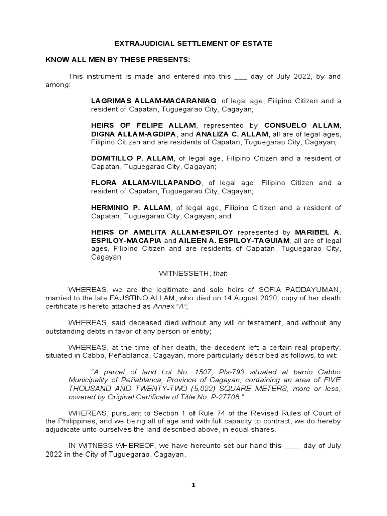 Extrajudicial Settlement of Estate - Paddayuman | PDF | Law And ...
