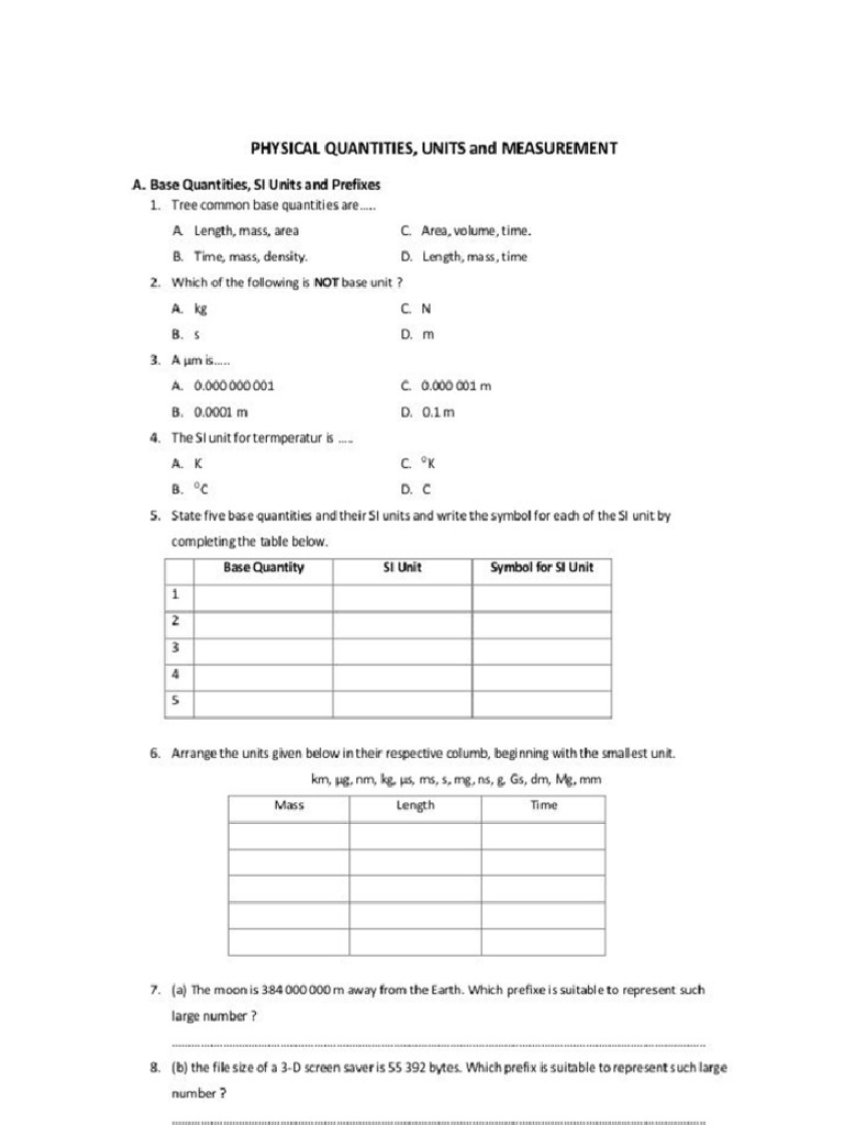 Physical Quantity Worksheet - Copy | PDF