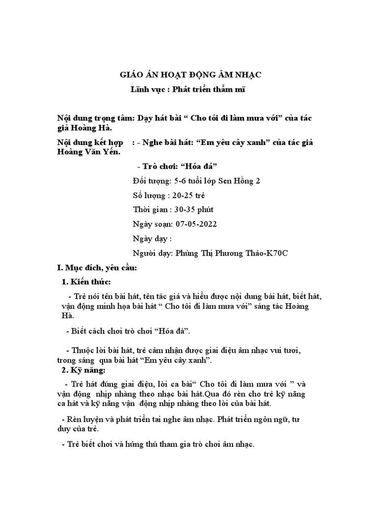 Giáo Án Ho T Đ NG Âm NH C Sen H NG 2 (Green School) | PDF