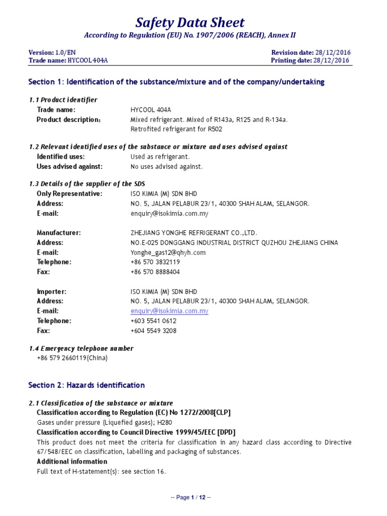 MSDS - Hycool 404a | Download Free PDF | Toxicity | Personal Protective Equipment