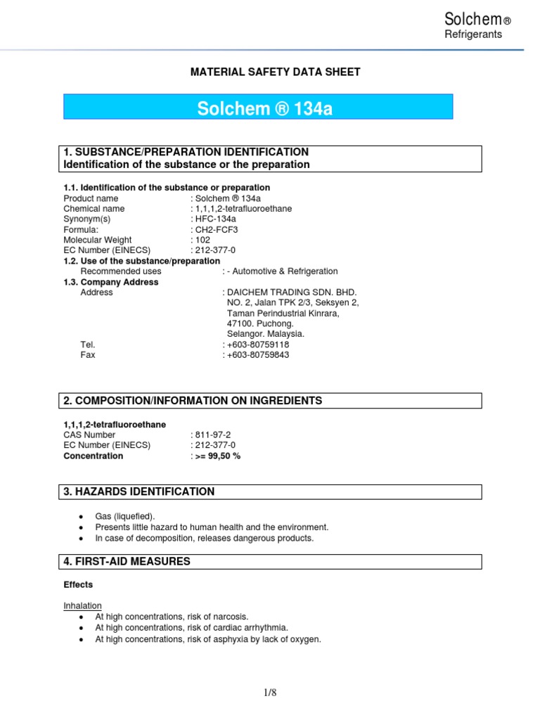 Material Safety Data Sheet 134a - Solchem | PDF | Biodegradation | Water