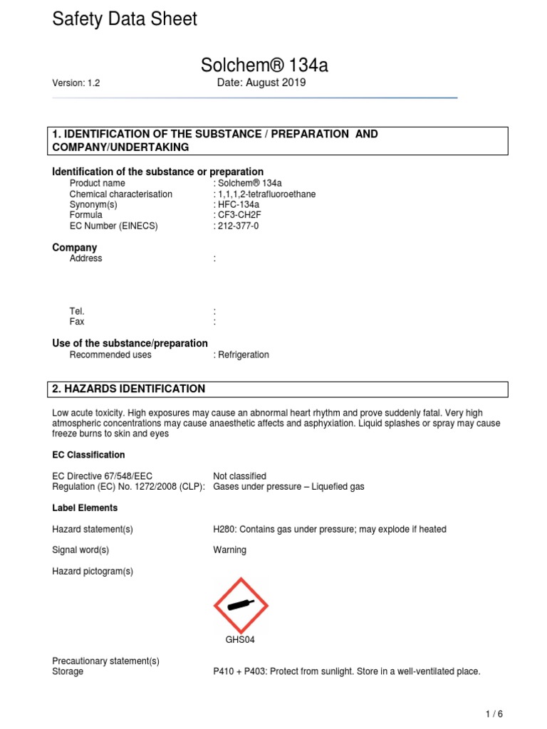 SDS - Solchem 134a - August 2019 - Agent | PDF | Water | United Nations Framework Convention On ...