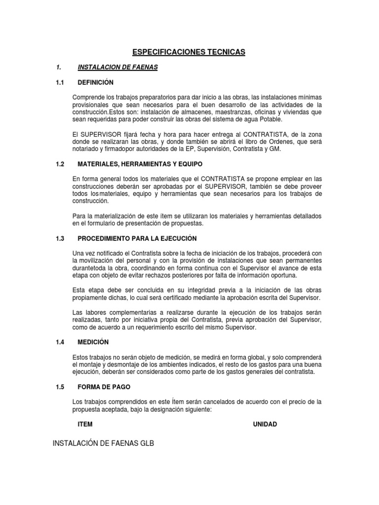 Especificaciones Tecnicas - Instalacion de Faenas | PDF