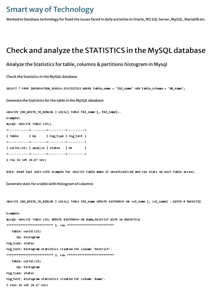 Check and Analyze The STATISTICS in The MySQL Database Smart Way of ...