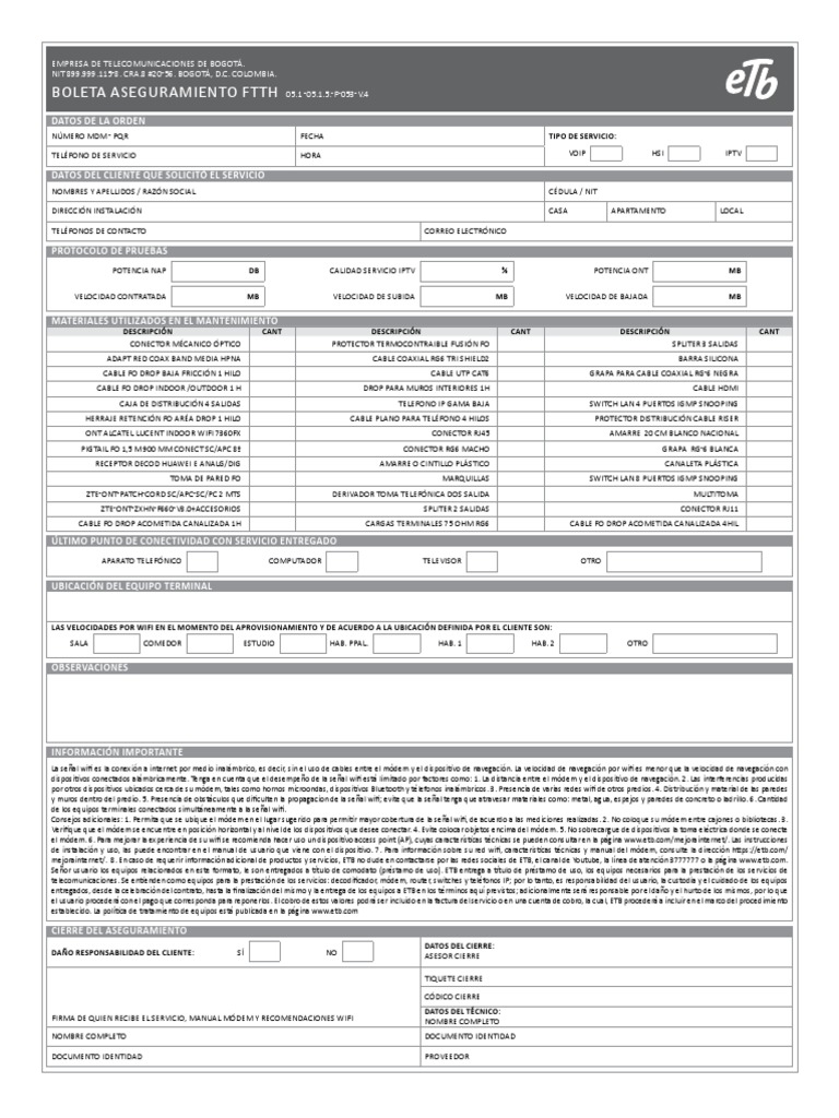 Resumen de instalación y configuración de servicio de telecomunicaciones para cliente ...