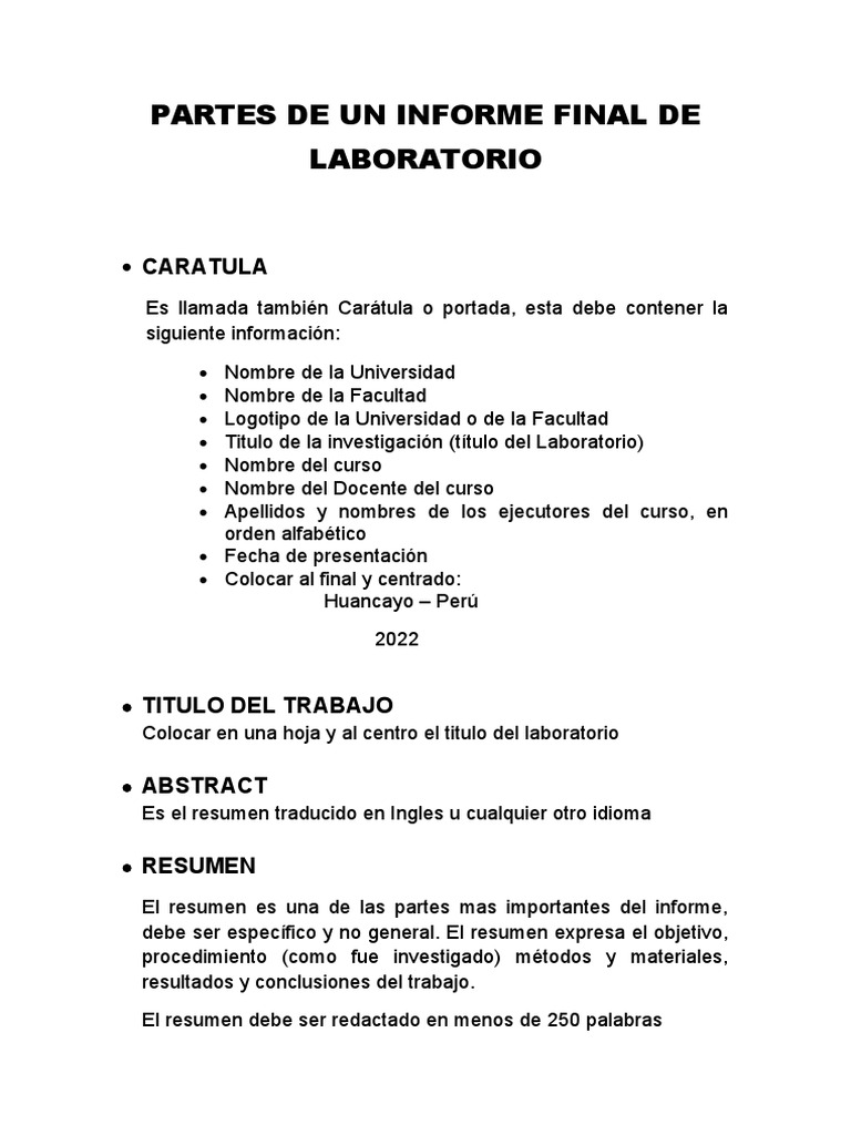 Partes De Un Informe Final De Laboratorio 3 Pdf Teoría Química