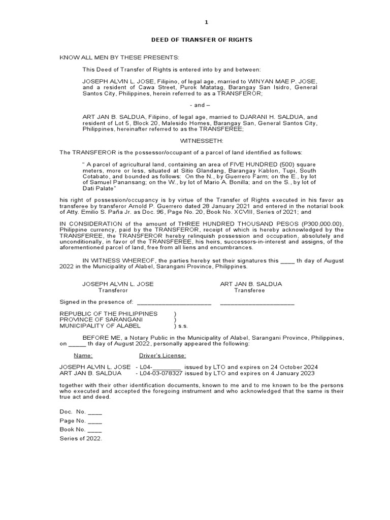 Deed of Transfer of Rights Alvin Jose | PDF | Property Law | Document