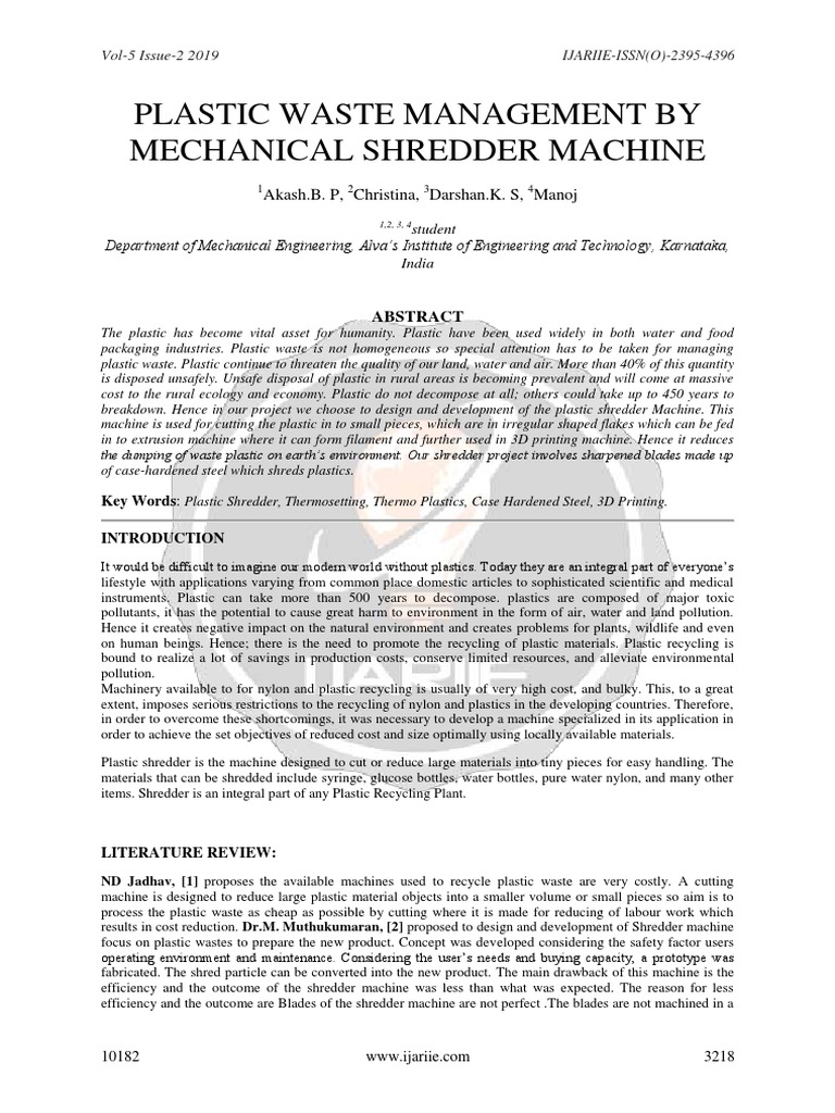 PLASTIC WASTE MANAGEMENT BY MECHANICAL SHREDDER MACHINE Ijariie10182 ...