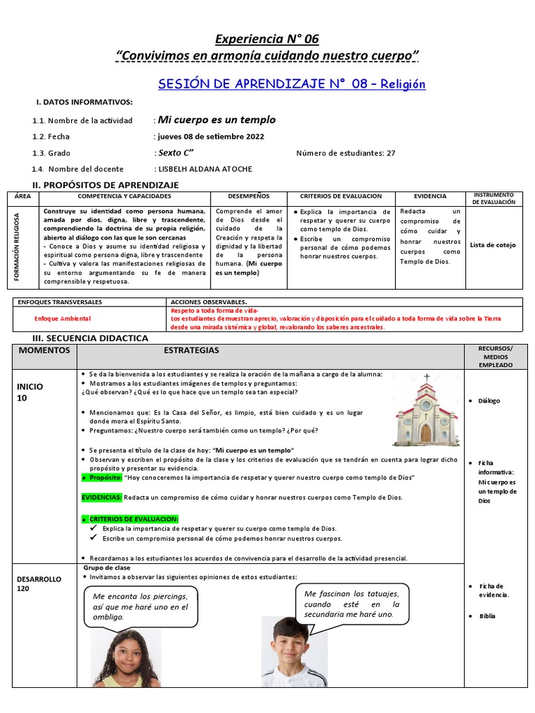 SESIÓN 08 Mi Cuerpo Es Un Templo - RELIGIÓN | PDF | Evaluación | Dios