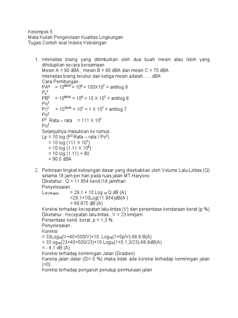 Tugas Contoh Soal Indeks Kebisingan Kelompok 5 | PDF
