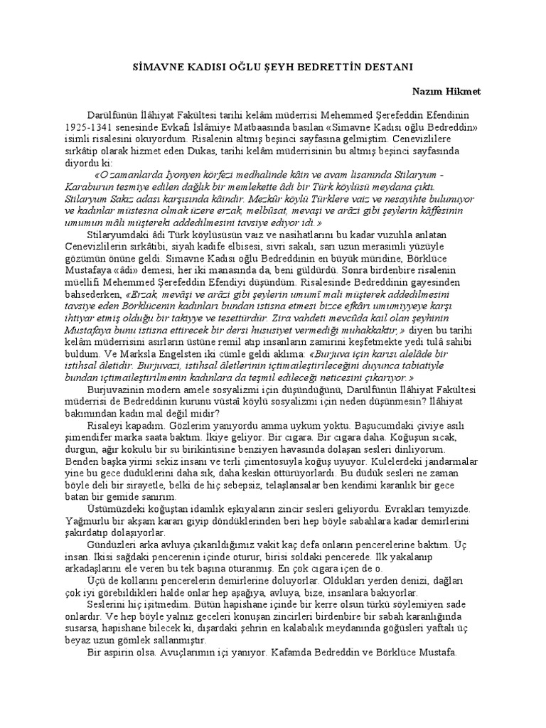 Si̇mavne Kadisi Oğlu Şeyh Bedretti̇n Destani | PDF