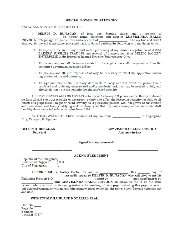 Appointment of Attorney-in-Fact to Handle Business Registration ...