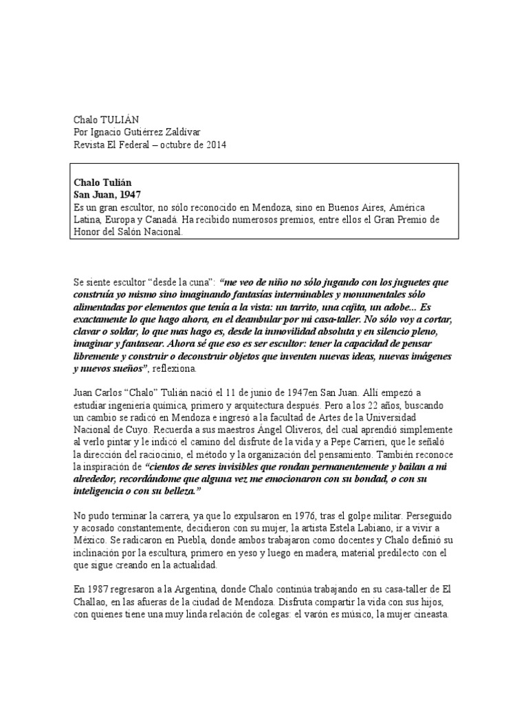 Chalo Tulián: Escultor de la Imaginación | PDF
