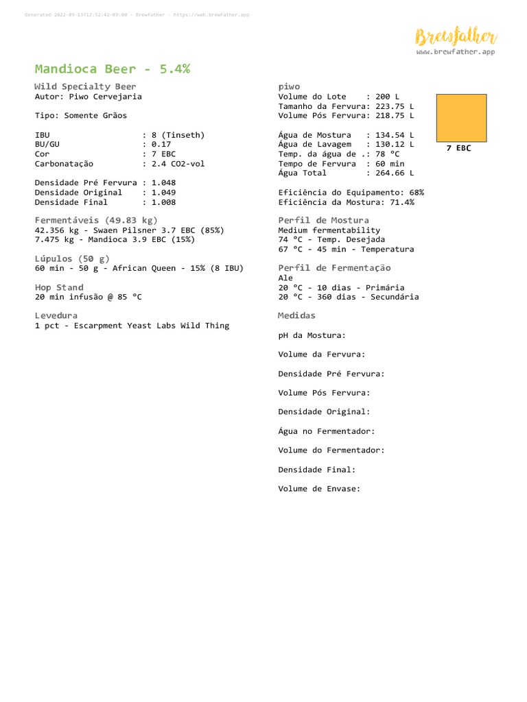 Brewfather MandiocaBeer 20220913 | PDF | Preparação de alimentos e ...