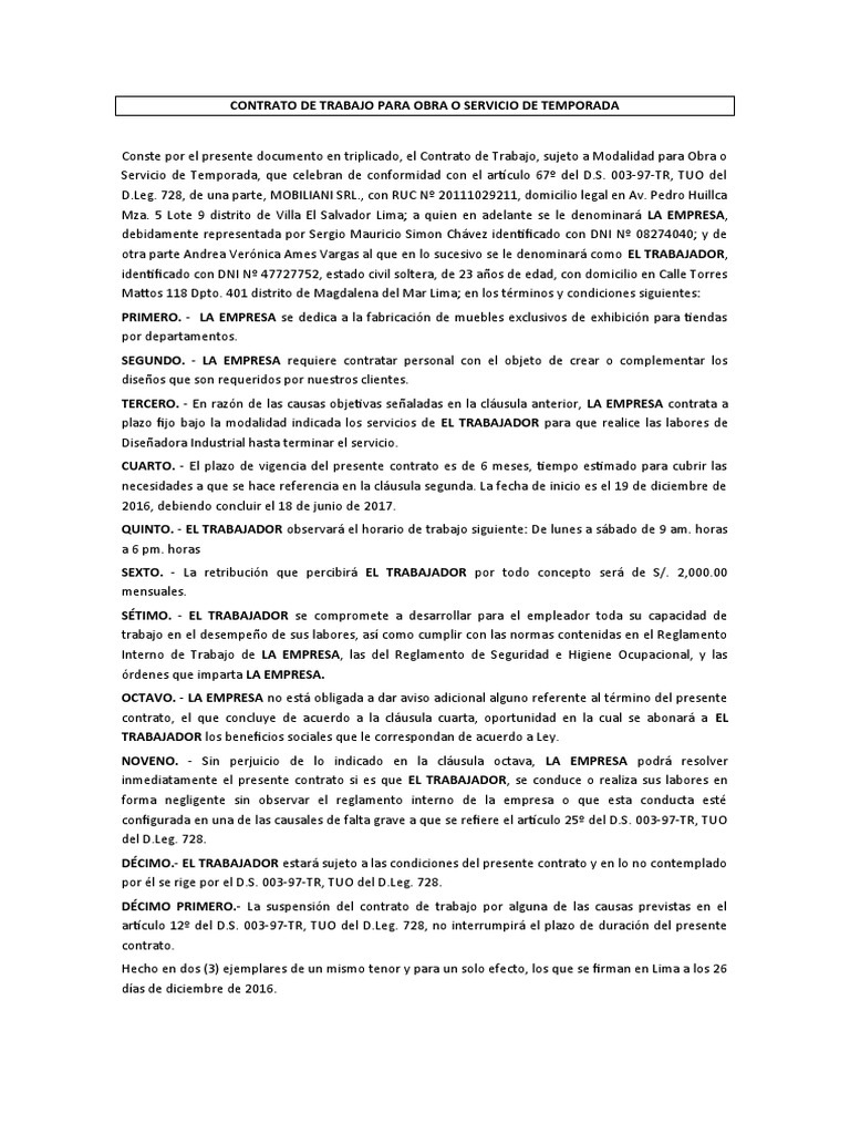 Contrato de Trabajo para Obra Determinada | PDF