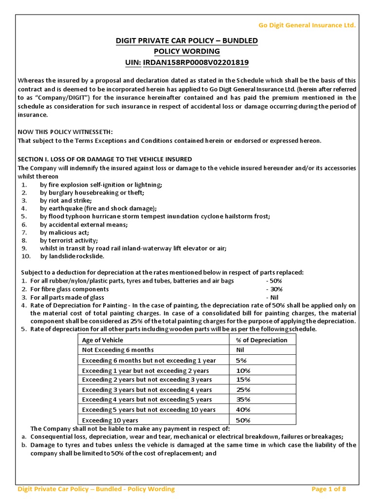 Digit Private Car Insurance Policy Wording | PDF | Indemnity ...