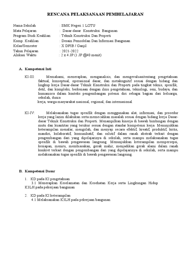 RPP Dasar Dasar Konstruksi Bangunan Dan Teknik Pengukuran Tanah - Compress | PDF | Seni
