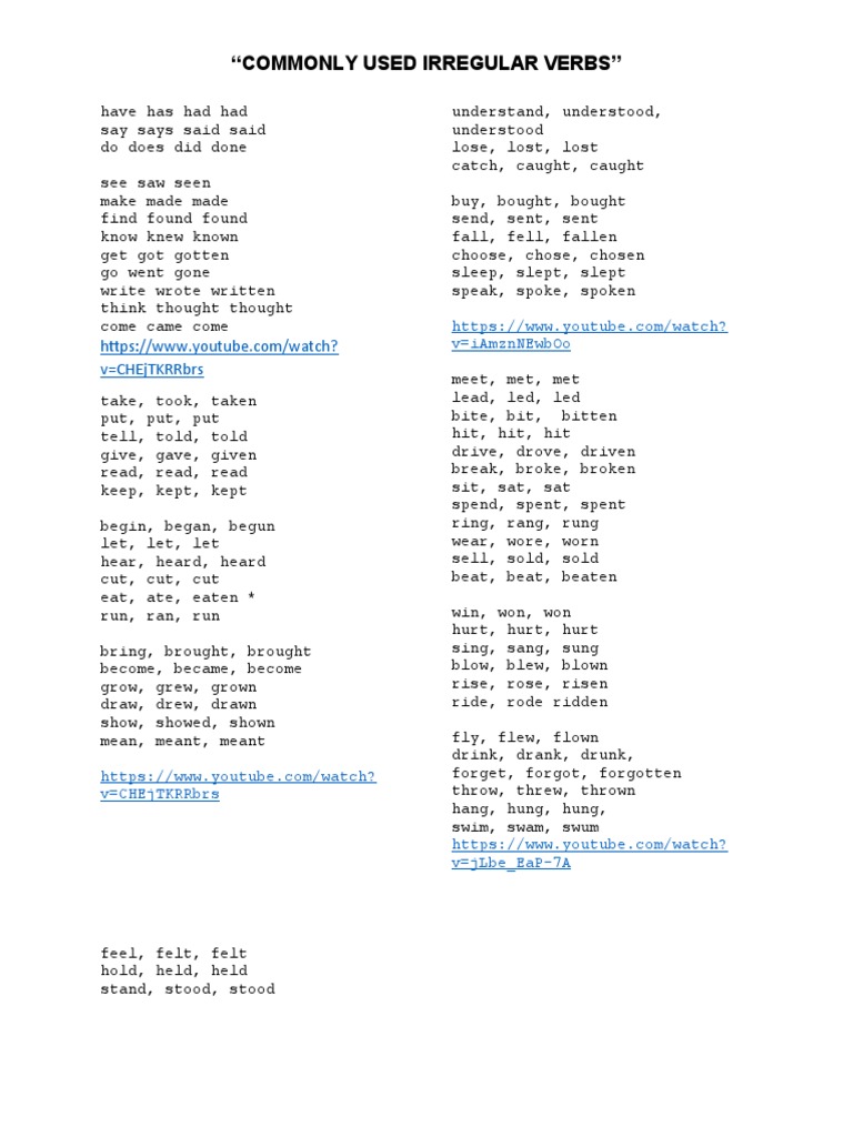 Commonly Used Irregular Verbs | PDF