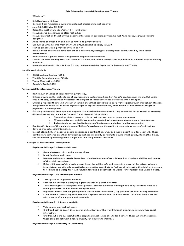 Erik Erikson Theory | PDF | Psychology | Behavioural Sciences