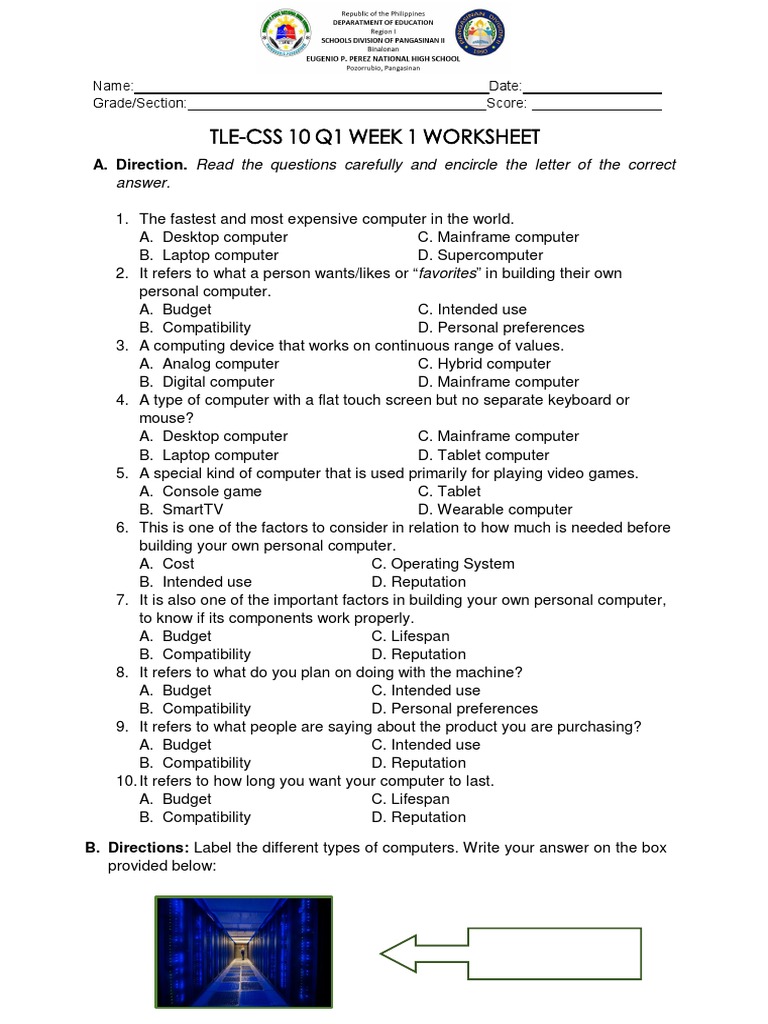 TLE-TE 10 - Q1 - W1 - Mod1 - ICT CSS Worksheet | PDF | Personal Computers | Laptop