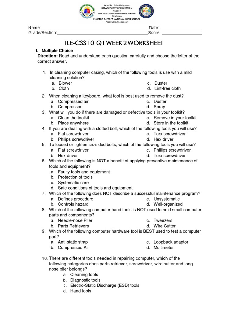 TLE-CSS 10 Q1 WEEK 2 WORKSHEET | PDF | Screw | Equipment