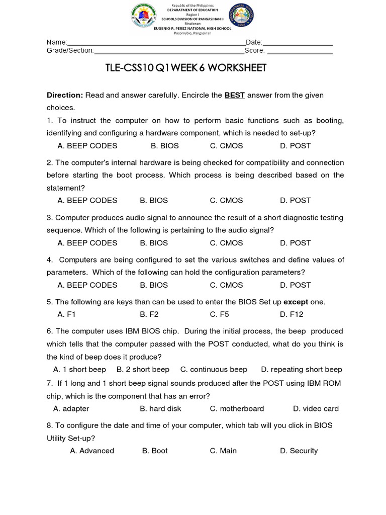 TLE-TE 10 - Q1 - W6 - Mod6 - ICT CSS Worksheet | PDF | Bios | Booting
