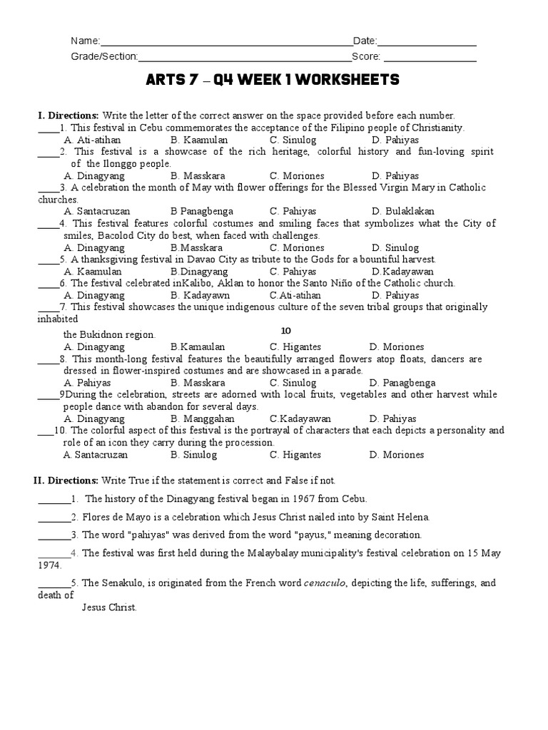 ARTS 7 wk.1-6 Worksheets Q4 | PDF | Composition (Visual Arts) | Cebu