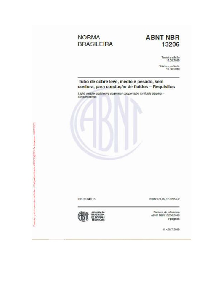 ABNT NBR 13206-2010 - Tubo de Cobre Leve, Médio e Pesado, Sem Costura ...