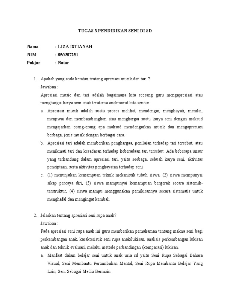Tugas 3 Pendidikan Seni Di SD | PDF