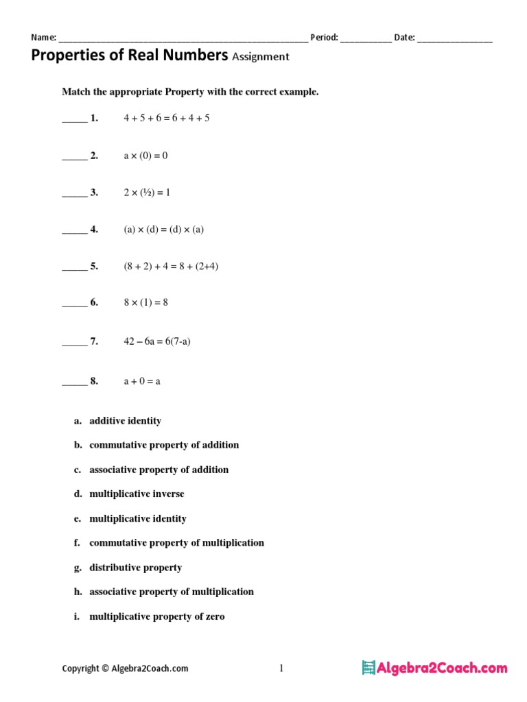 1 1 Assignment Properties of Real Numbers | PDF | Mathematical Concepts ...