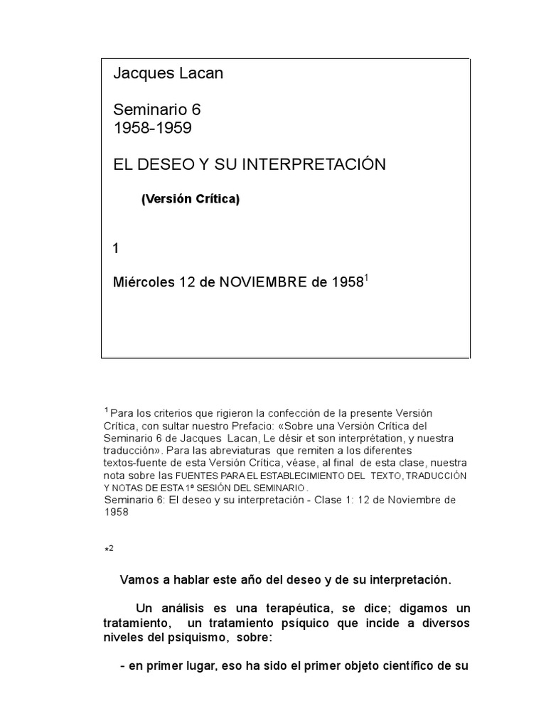 El Seminario 6. El Deseo y Su Interpretación (Versión Crítica) | PDF | Placer | Jacques Lacan