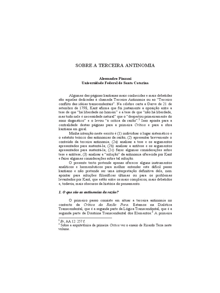 Análise da Terceira Antinomia Kantiana | PDF | Immanuel Kant | Liberdade