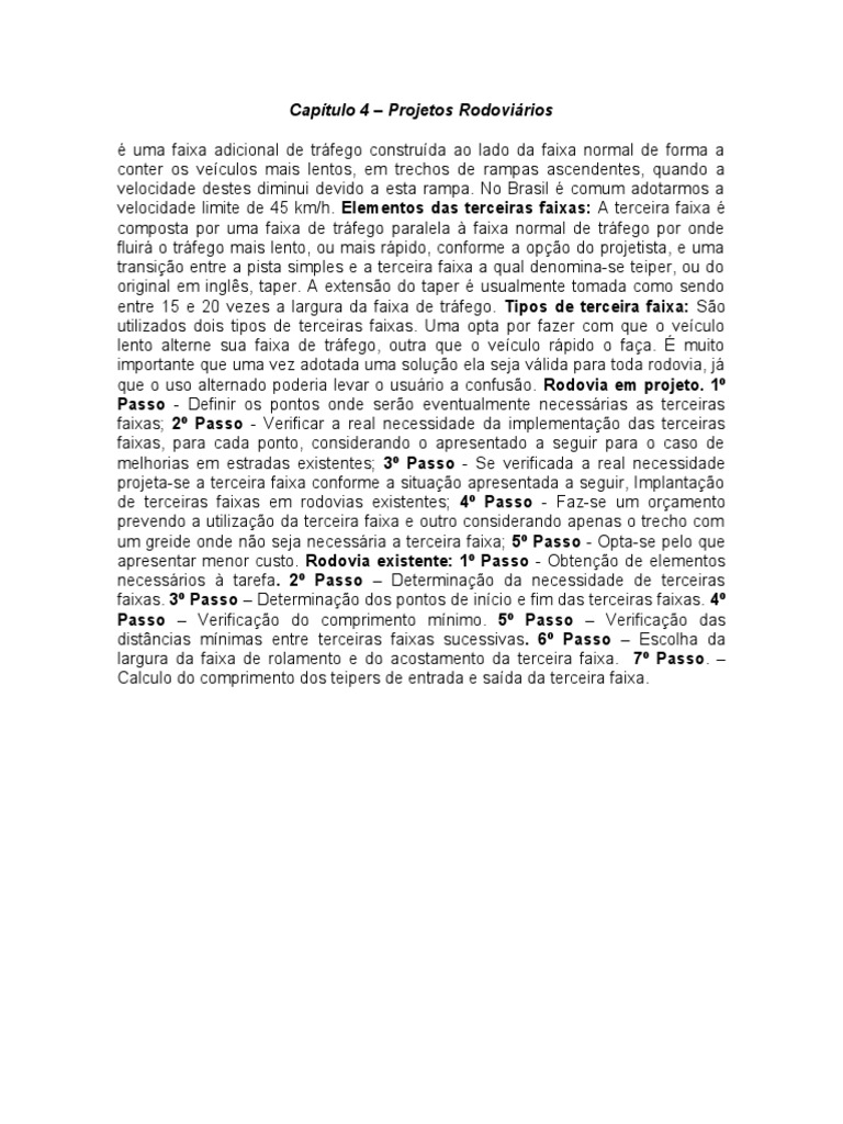 Resumo Cap 4 - Projetos Rodoviários - 3 Faixa | PDF | Tráfego | Rodovia de acesso controlado