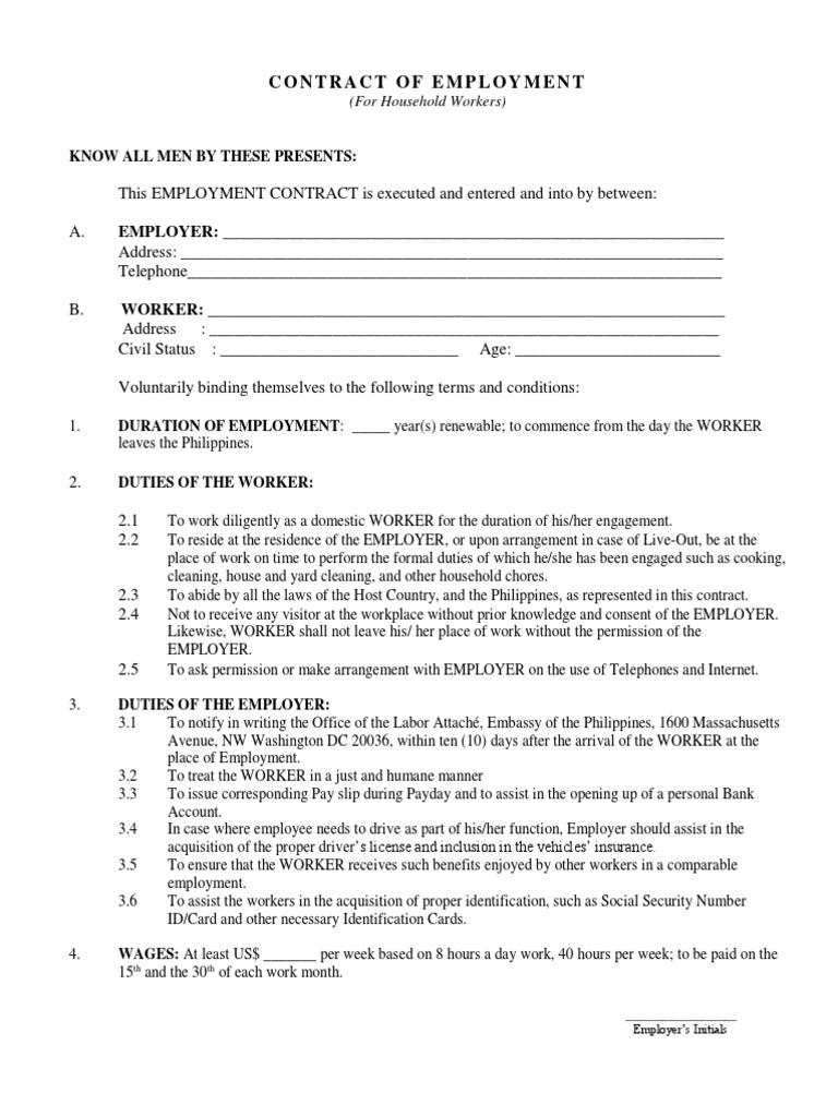 POEA Standard Contract - Household Workers | PDF | Employment | Justice