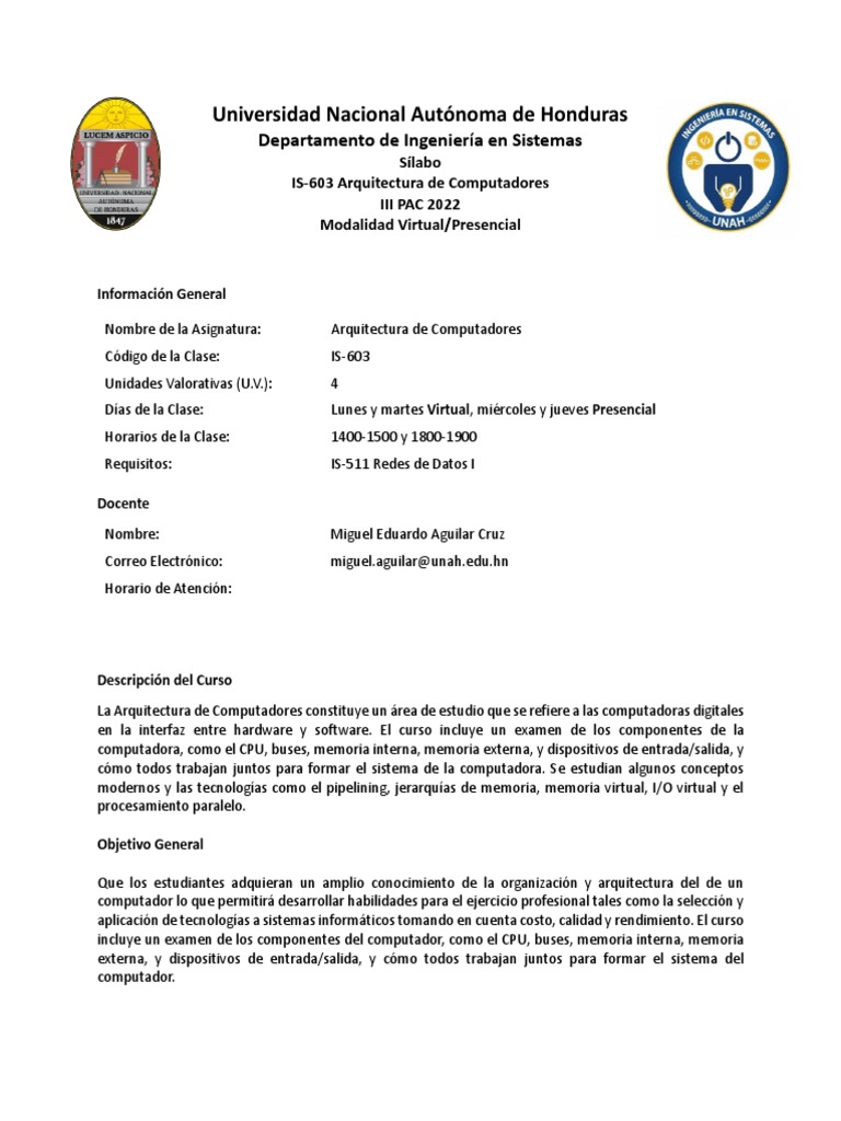 Sílabo Sintético Arquitectura de Computadores Modalidades Virtual y Presencial III PAC 2022 ...