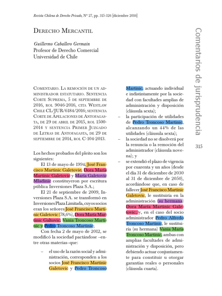 Comentario de Jurisprudencia (Affectio Societatis, Admin Estatutuario, Deber de Lealtad) . | PDF
