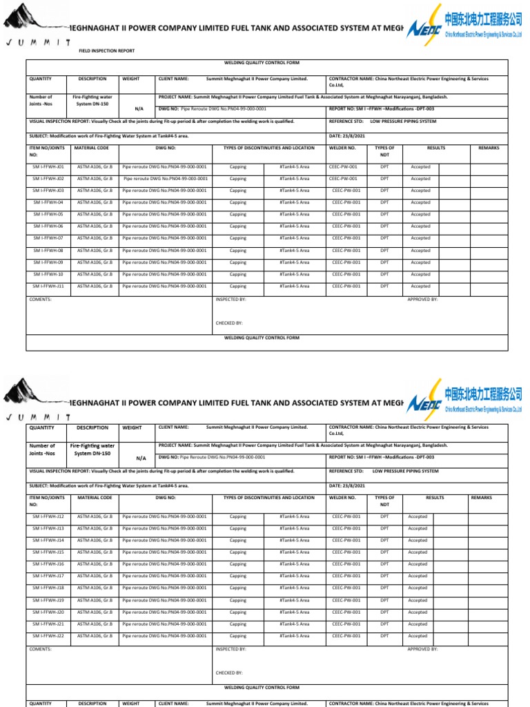 Field Inspection Report (003) of Fire Water Line | PDF | Nondestructive ...