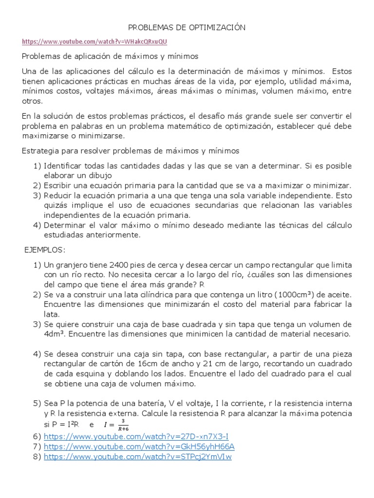 Problemas de Optimización Máximos y Mínimos | PDF | Optimización Matemática | Ecuaciones