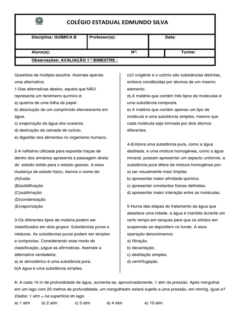 Avaliação De Química 1º Bimestre Pdf Substancias Químicas Mistura