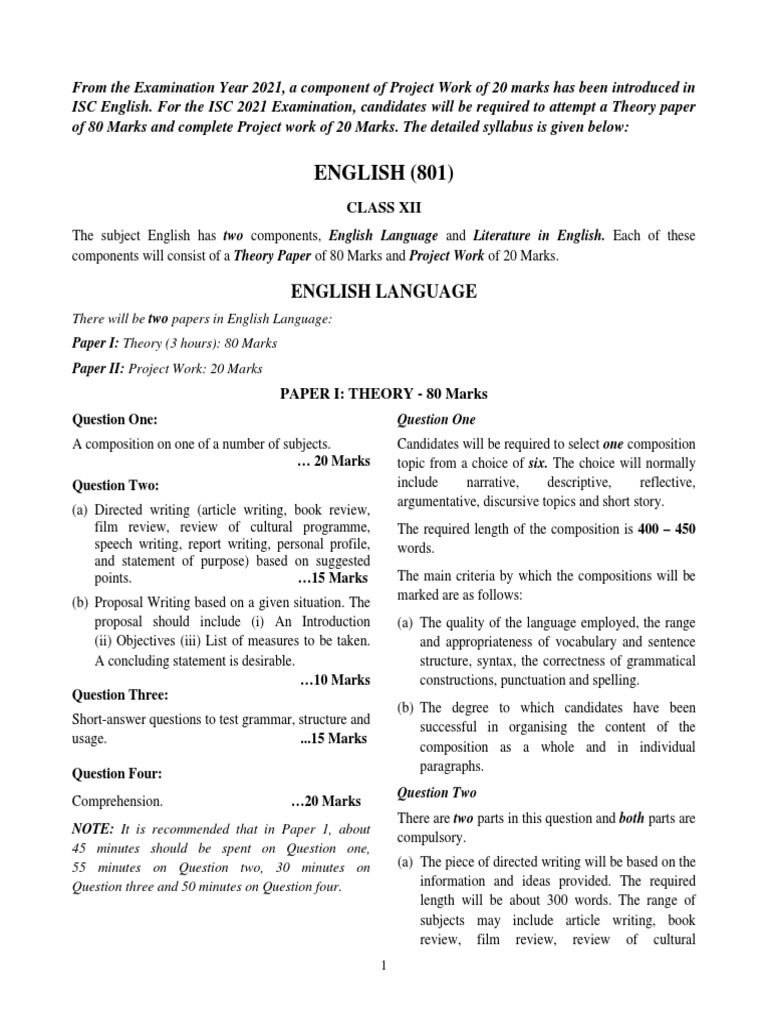 ISC English Class XII (Amended) - 2021 | PDF | Reading Comprehension ...