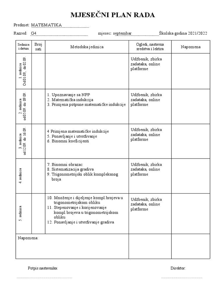 Mjesečni Plan Rada: Sedmica I Datum | PDF