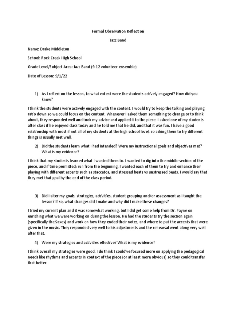 Reflection From Payne Observation of Jazz Band | PDF | Learning ...