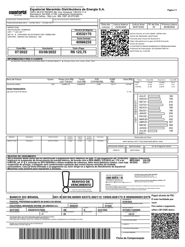 Documento Auxiliar da Nota Fiscal de Energia Elétrica Eletrônica (DANF-e) para Cliente ...