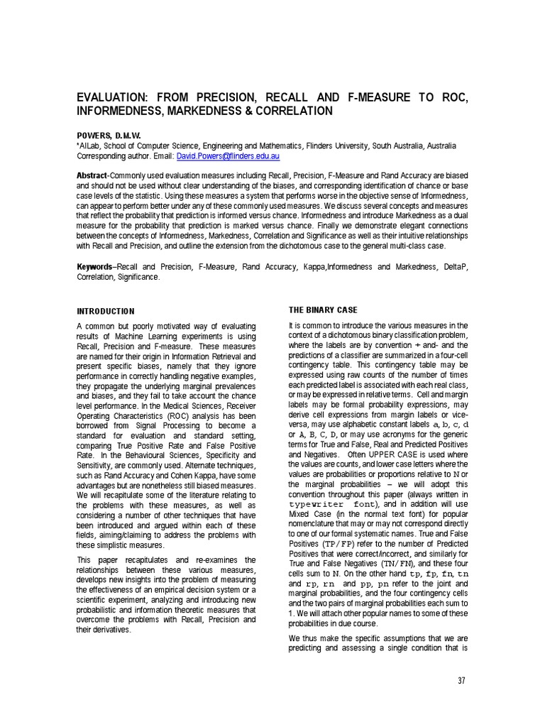 Evaluation: From Precision, Recall and F-Measure To Roc, Informedness, Markedness & Correlation ...