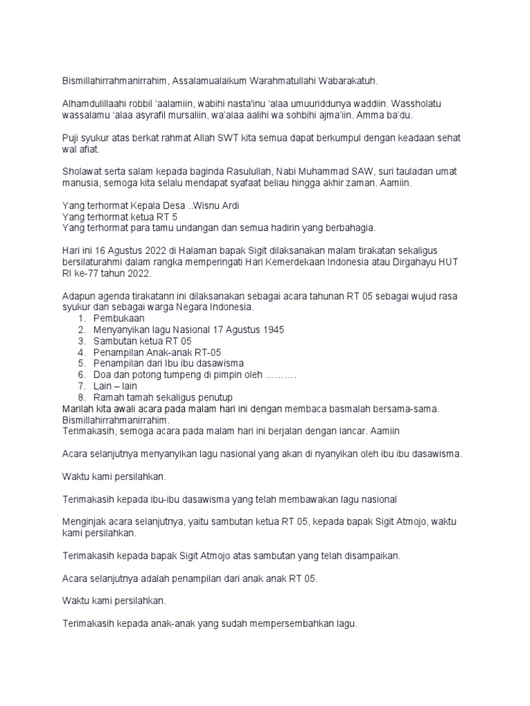 Susunan Acara Tirakatan RT 05 | PDF