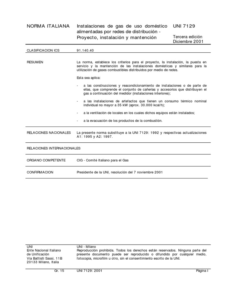 UNI - 7129 - 2001 Norma Italiana de Gas | PDF | Chimenea | Tubería ...