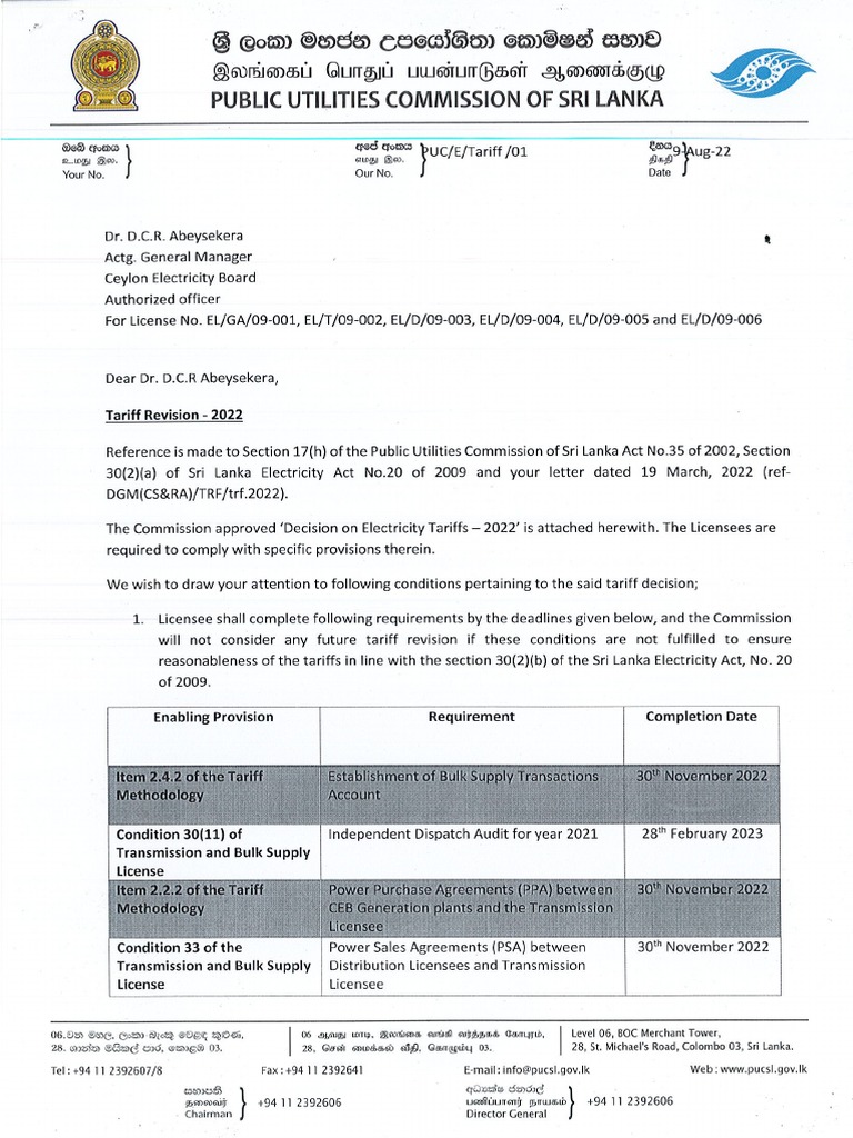 Letter To CEB - Tariff Revision 2022 | PDF