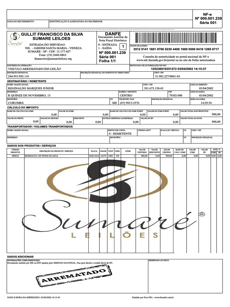 Nota Fiscal Leilão Sumaré | PDF | Recibo | Serviços financeiros